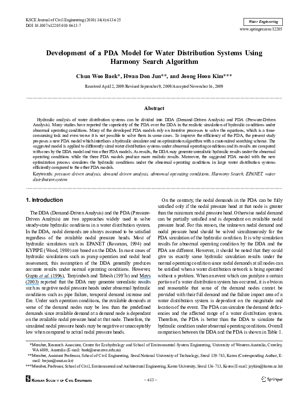 (PDF) Development of a PDA model for water distribution systems using harmony search algorithm