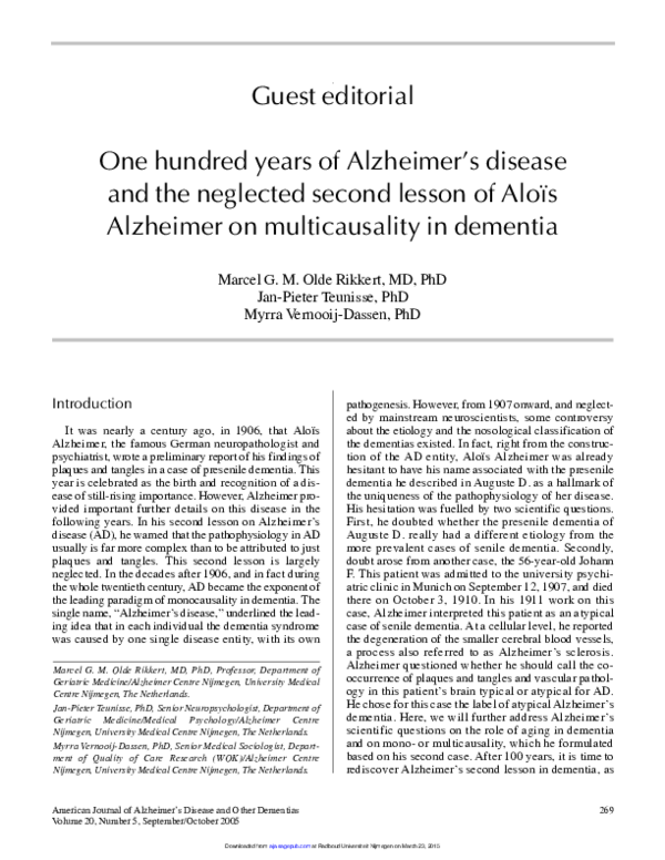 (PDF) One hundred years of Alzheimer's disease and the neglected second ...