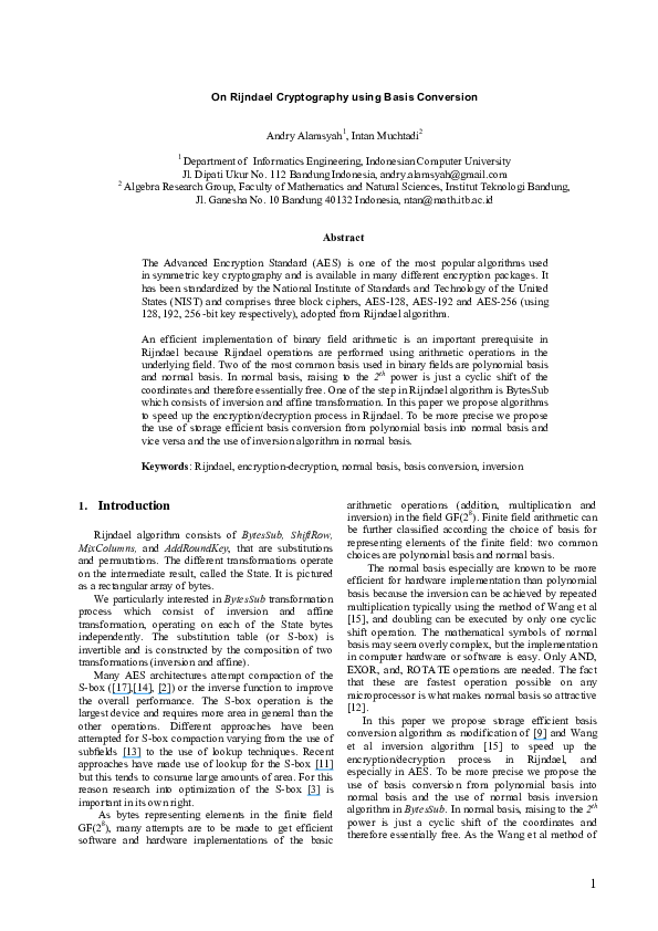 (PDF) ON RIJNDAEL CRYPTOGRAPHY USING BASIS CONVERSION