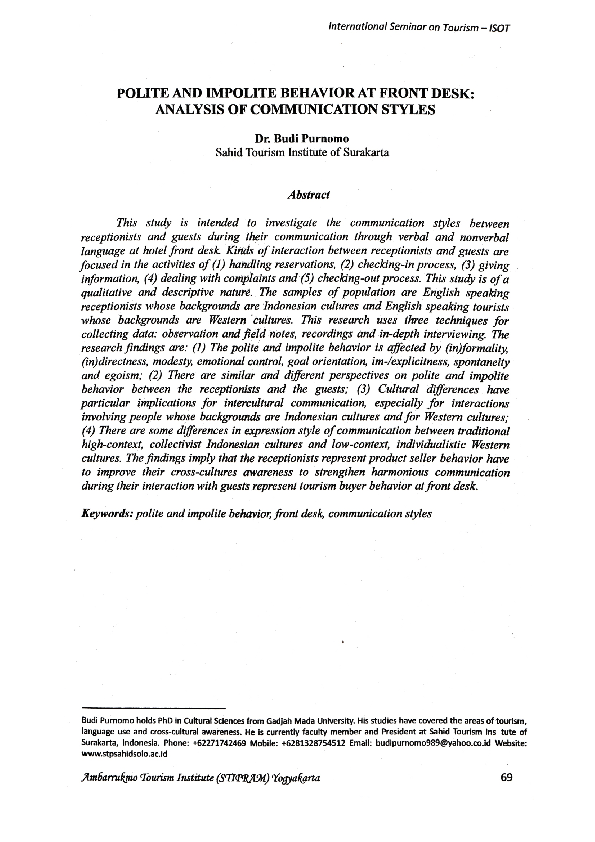 (PDF) POLITE AND IMPOLITE BEHAVIOR AT FRONT DESK: ANALYSIS OF ...