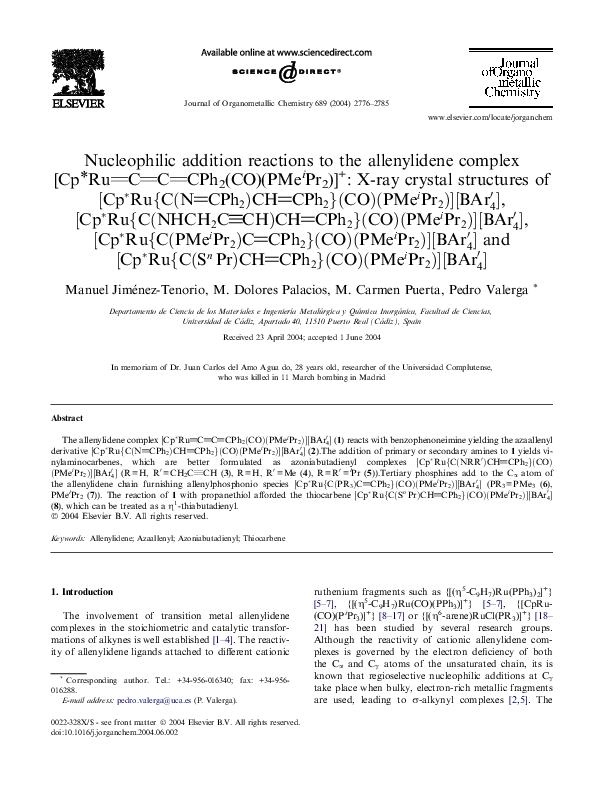 (PDF) Nucleophilic addition reactions to the allenylidene complex [Cp∗ ...