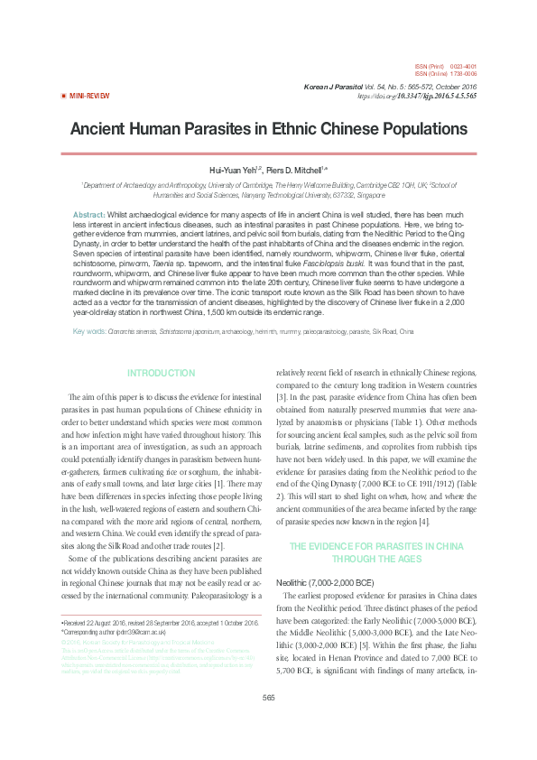 (PDF) Ancient Human Parasites in Ethnic Chinese Populations