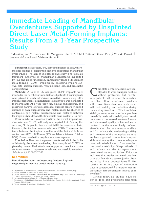 (PDF) Immediate Loading of Mandibular Overdentures Supported by Unsplinted Direct Laser Metal ...