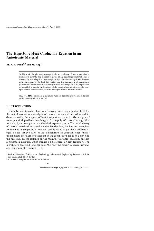 Pdf The Hyperbolic Heat Conduction Equation In An Anisotropic Material