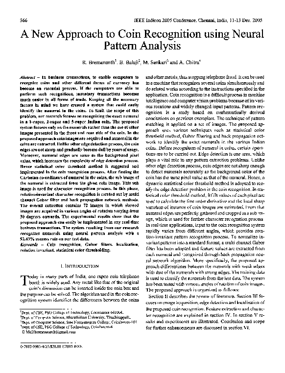 (PDF) A New Approach to Coin Recognition using Neural Pattern Analysis