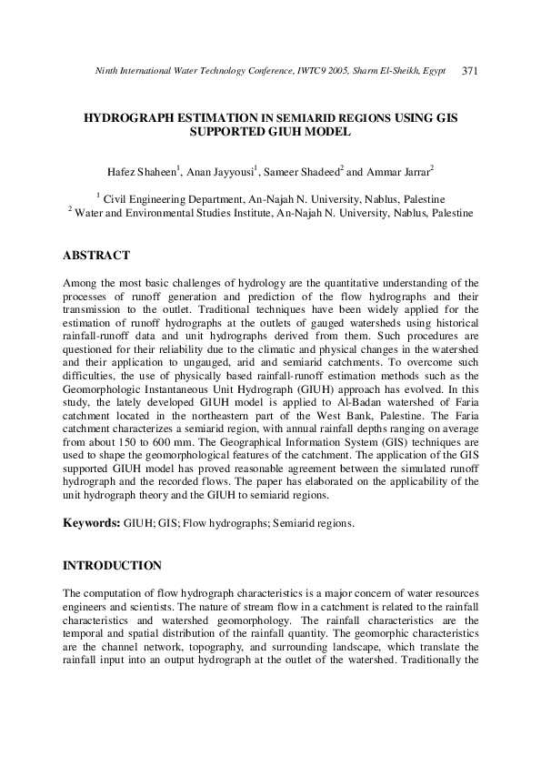 (PDF) Hydrograph Estimation in Semiarid Regions Using Gis Supported Giuh Model
