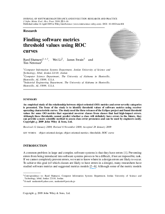 (PDF) Finding software metrics threshold values using ROC curves