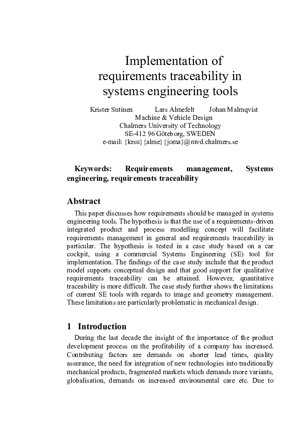 (PDF) Implementaton of Requirements Traceability in Systems Engineering Tools