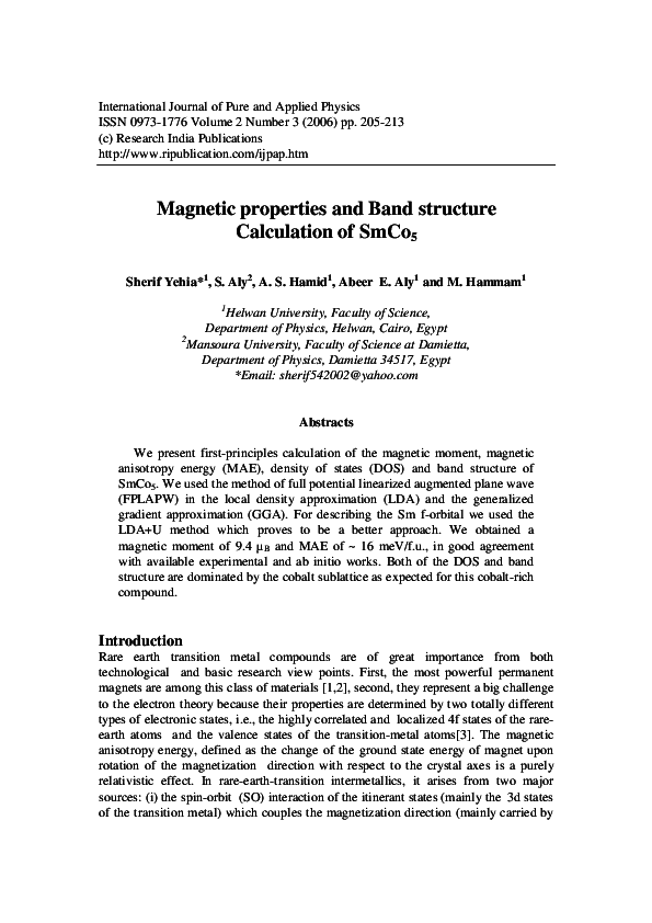 (PDF) Magnetic properties and Band structure Calculation of SmCo 5