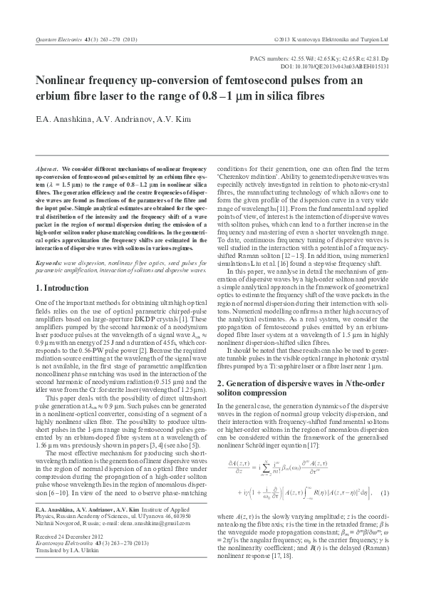 (PDF) Nonlinear frequency up-conversion of femtosecond pulses from an erbium fibre laser to the ...