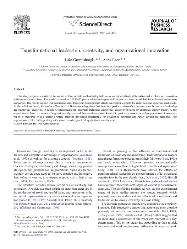 (PDF) Transformational leadership, creativity, and organizational innovation