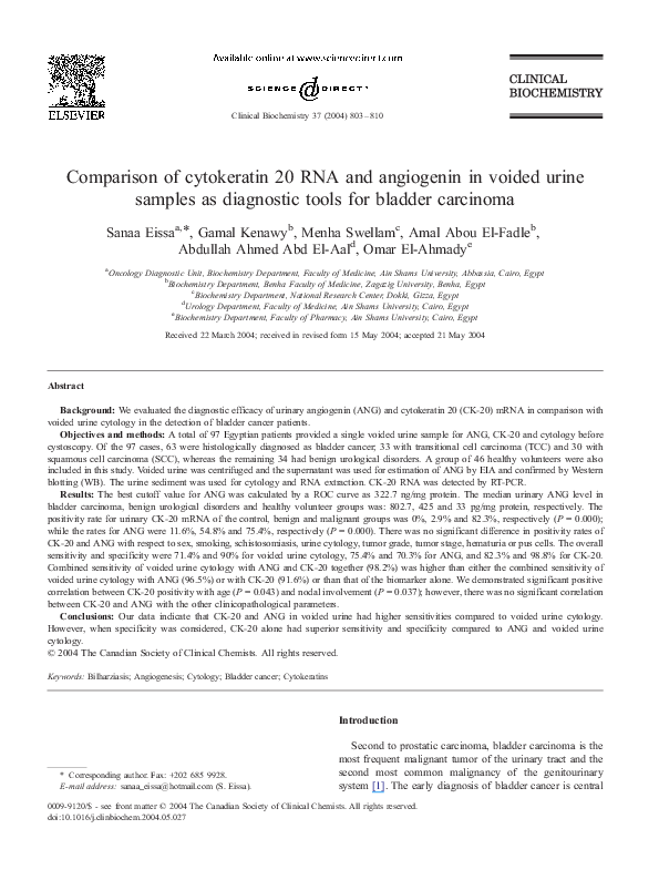 (PDF) Comparison of cytokeratin 20 RNA and angiogenin in voided urine ...