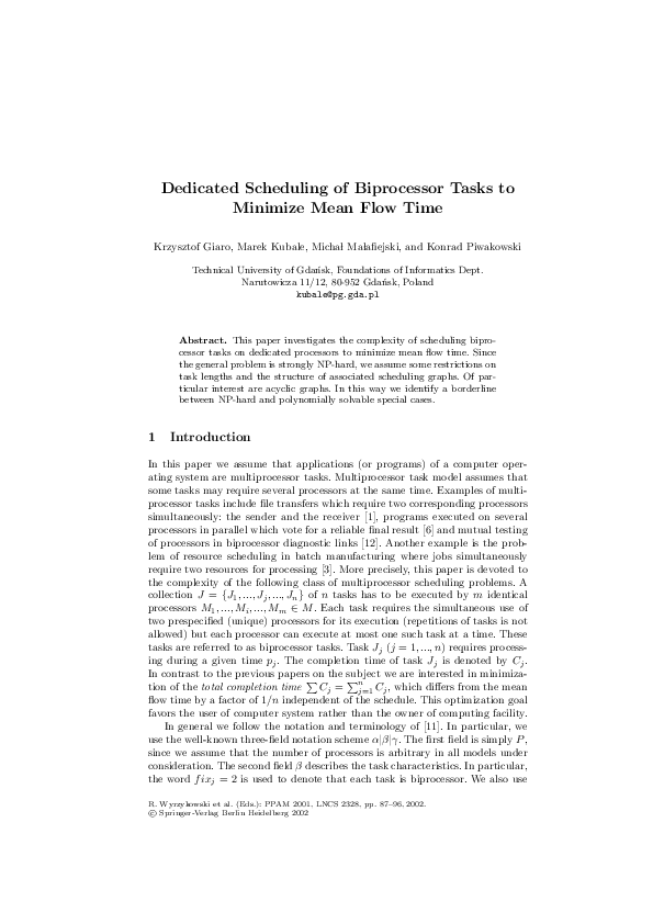 (PDF) Dedicated scheduling of biprocessor tasks to minimize mean flow time