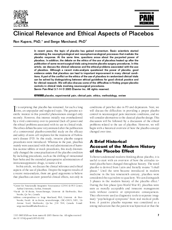 (PDF) Clinical relevance and ethical aspects of placebos