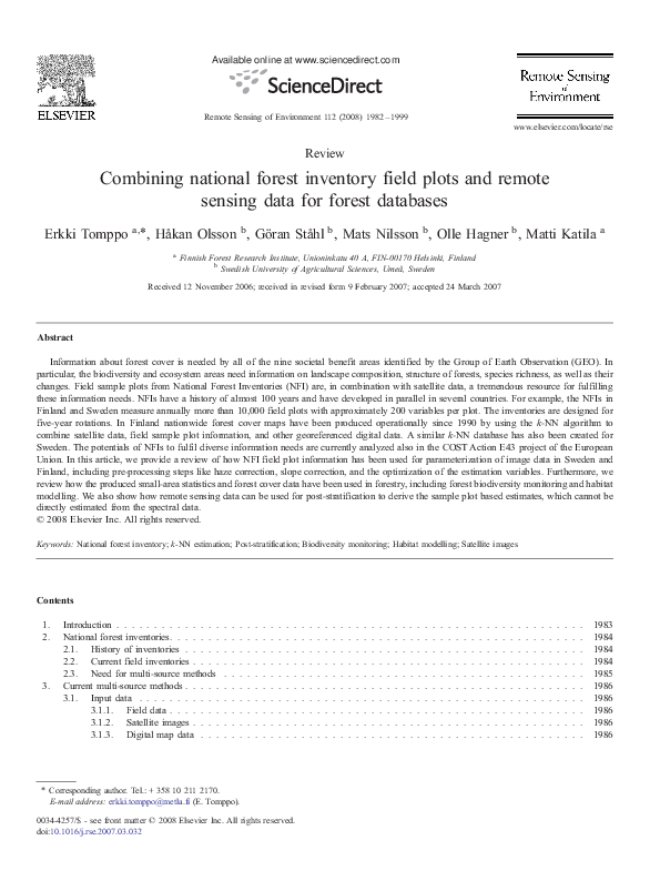 Pdf Combining National Forest Inventory Field Plots And Remote