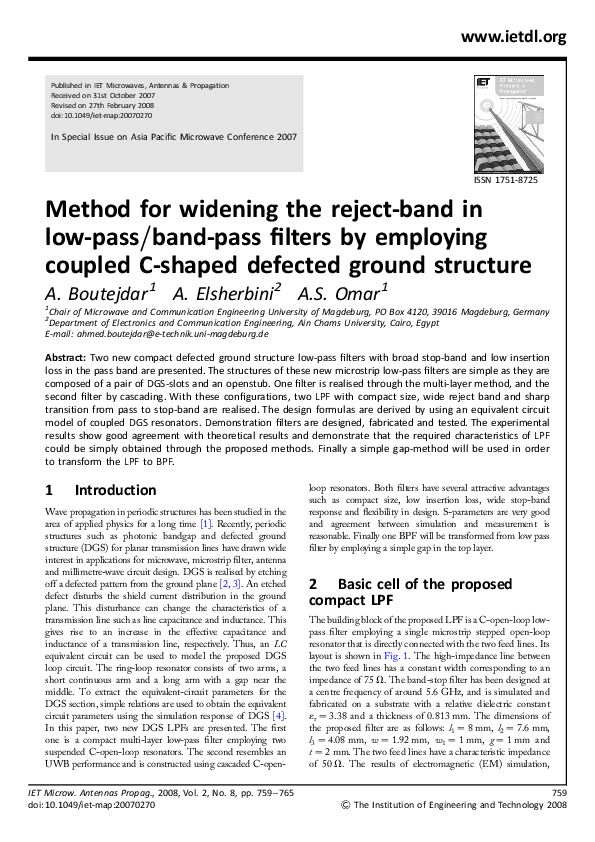 (PDF) Method for widening the reject-band in low-pass/band-pass filters by employing coupled C ...