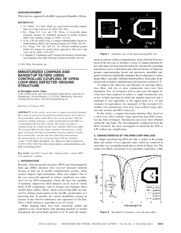 Pdf Miniaturized Lowpass And Bandstop Filters Using Controlled Coupling Of Open Loop Ring