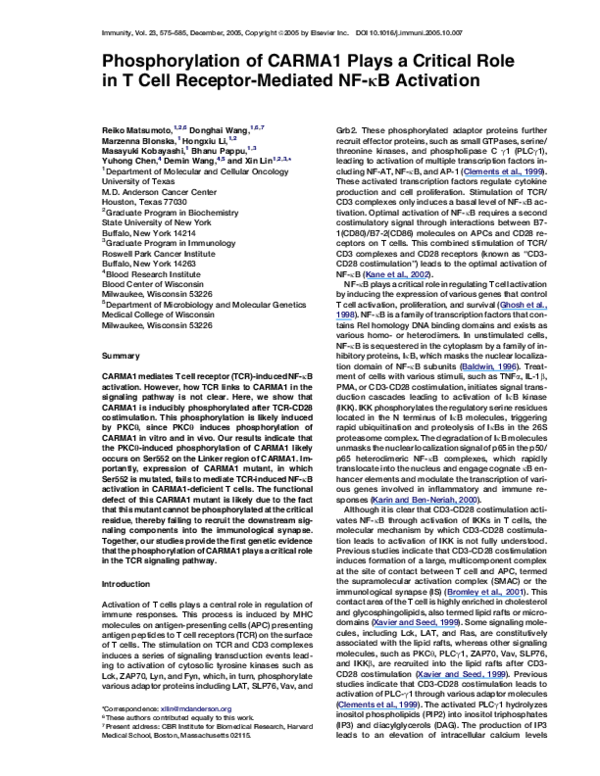 (PDF) Phosphorylation of CARMA1 Plays a Critical Role in T Cell ...