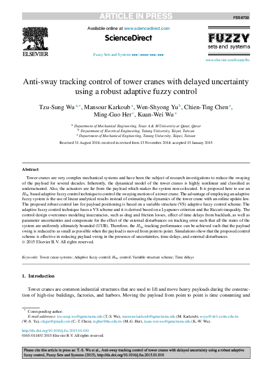 (PDF) Anti-sway tracking control of tower cranes with delayed uncertainty using a robust ...