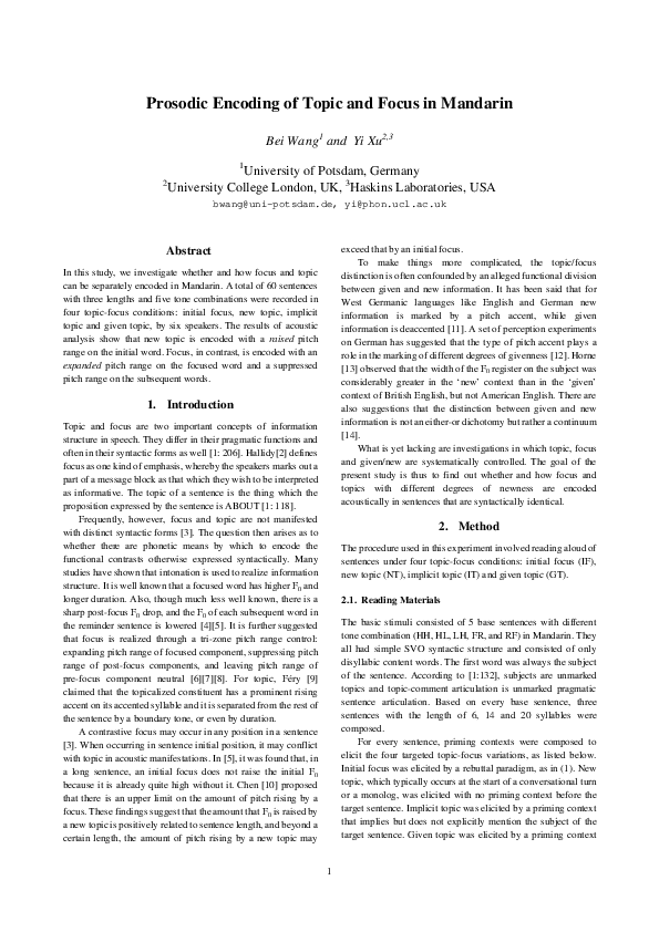 Pdf Prosodic Encoding Of Topic And Focus In Mandarin