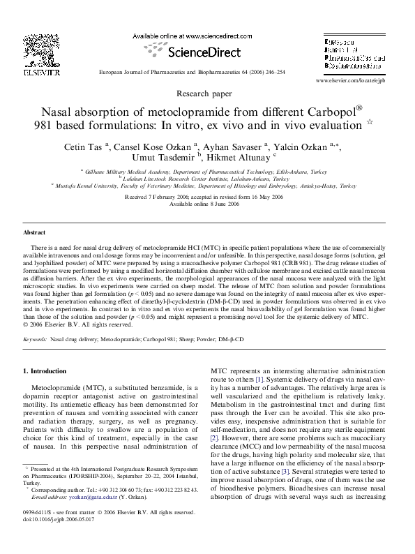 (PDF) Nasal absorption of metoclopramide from different Carbopol ® 981 based formulations: In ...