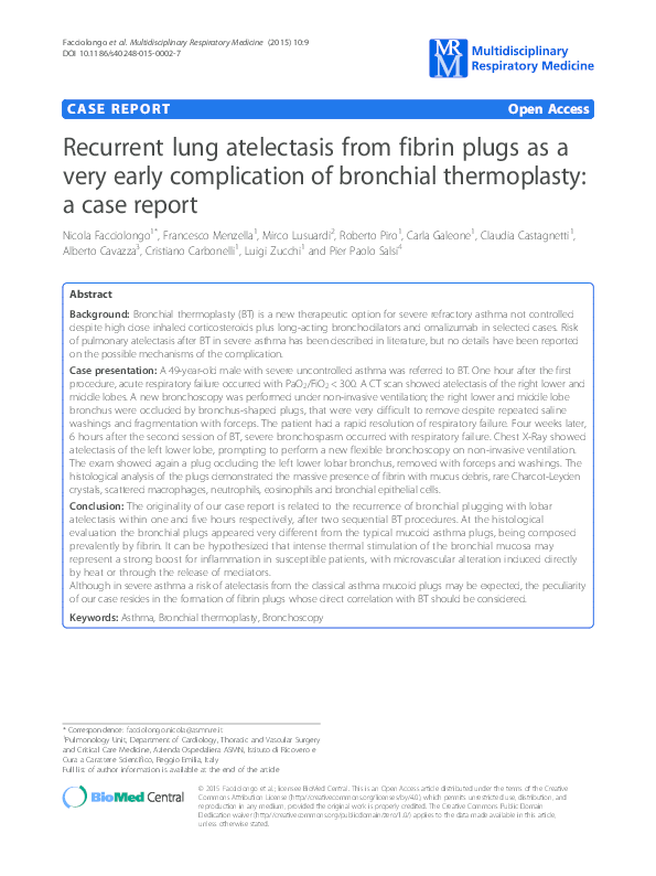 (PDF) Recurrent lung atelectasis from fibrin plugs as a very early complication of bronchial ...