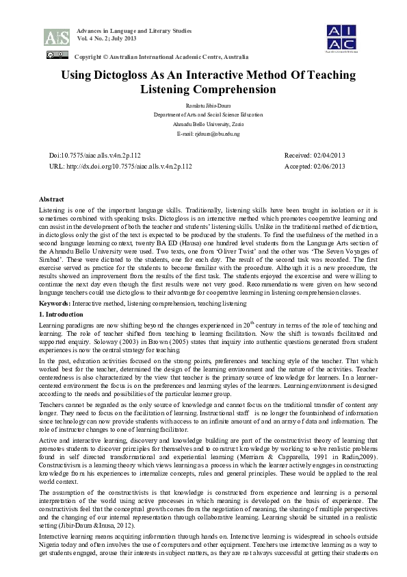 (PDF) Using Dictogloss As An Interactive Method Of Teaching Listening ...