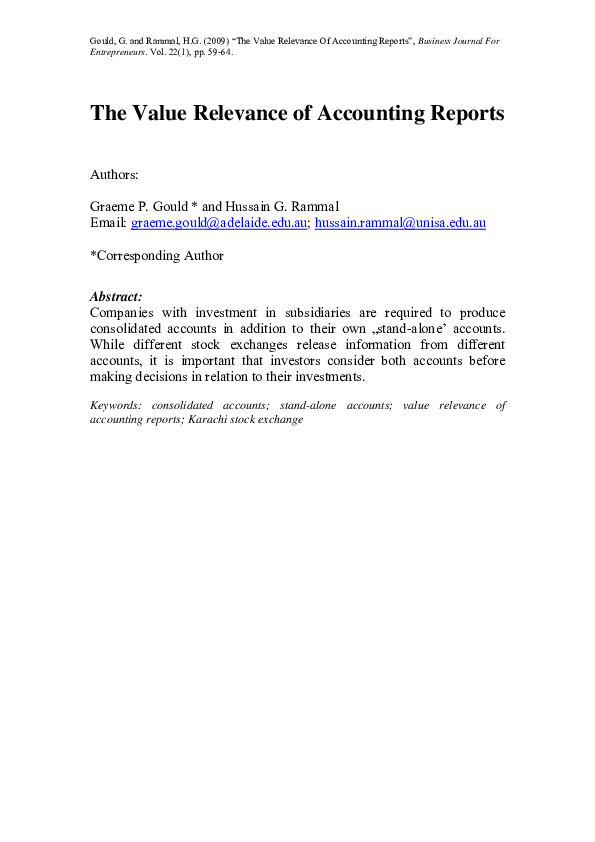 (PDF) The Value Relevance of Accounting Reports