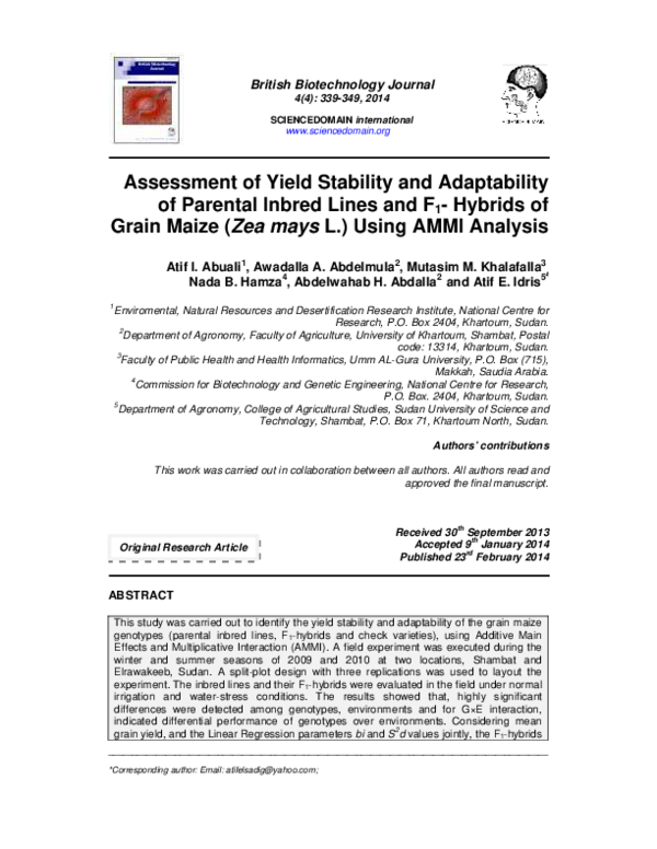 (PDF) Assessment of Yield Stability and Adaptability of Parental Inbred ...