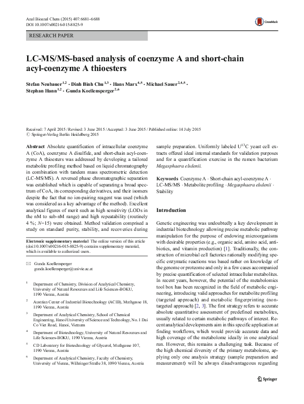 (PDF) LC-MS/MS-based analysis of coenzyme A and short-chain acyl-coenzyme A thioesters