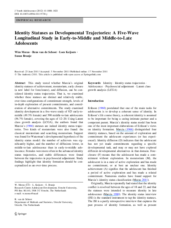 (PDF) Identity statuses as developmental trajectories: a five-wave ...