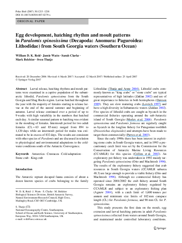 (PDF) Egg development, hatching rhythm and moult patterns in Paralomis ...