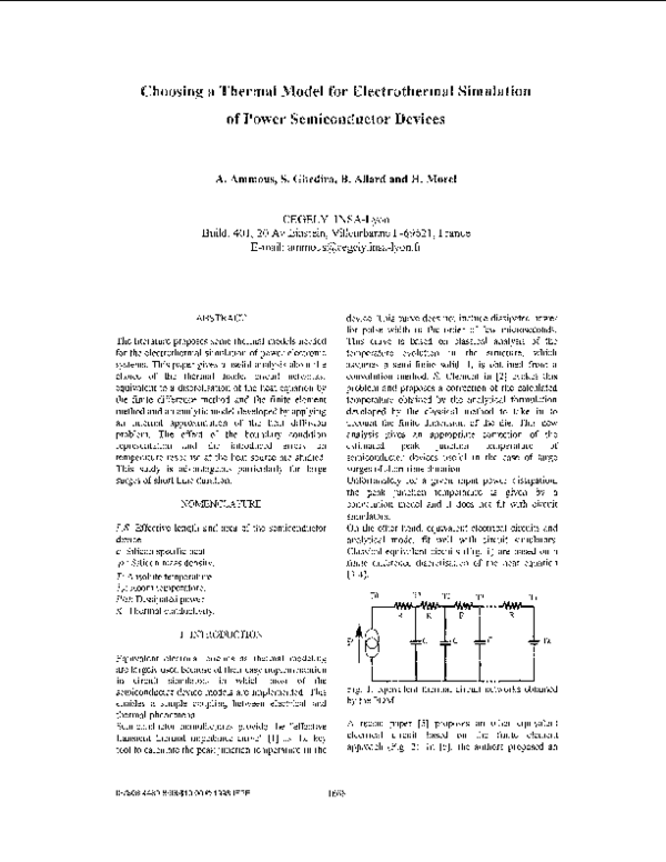 (PDF) Choosing a thermal model for electrothermal simulation of power semiconductor devices