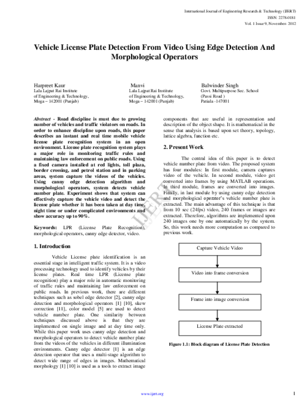 (PDF) Vehicle License Plate Detection From Video Using Edge Detection And Morphological Operators