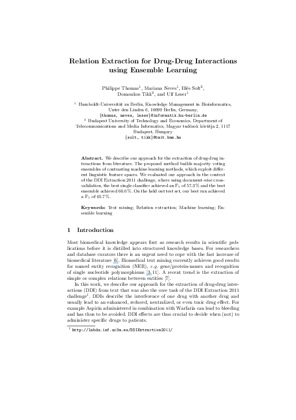 Pdf Relation Extraction For Drug Drug Interactions Using Ensemble Learning