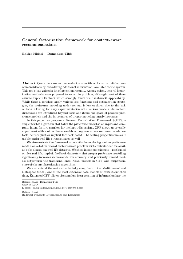 Pdf General Factorization Framework For Context Aware Recommendations Domonkos Tikk