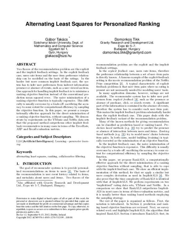 (PDF) Alternating least squares for personalized ranking