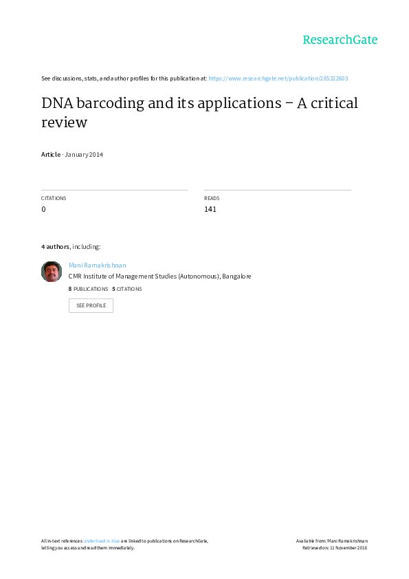 (PDF) DNA barcoding and its applications – A critical review
