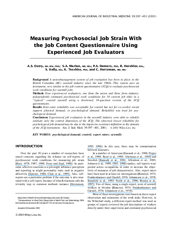 (PDF) Measuring psychosocial job strain with the job content ...