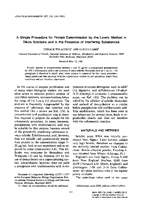 A Simple Procedure for Protein Determination by the Lowry Method in ...