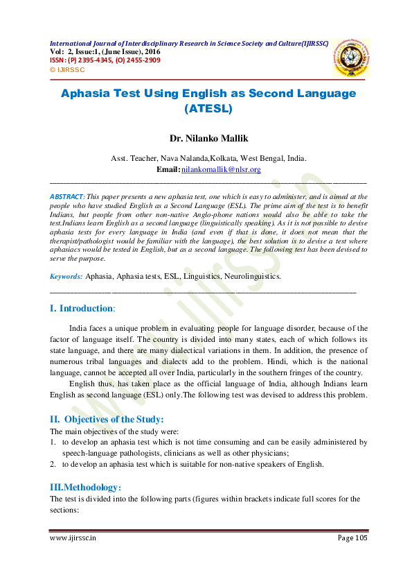 Aphasia Test using English as Second Language