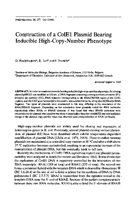 (PDF) Construction of a ColE1 Plasmid Bearing Inducible High-Copy ...