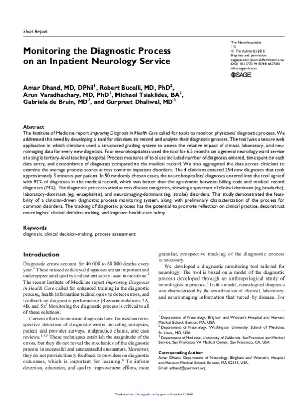 (PDF) Monitoring the Diagnostic Process on an Inpatient Neurology Service