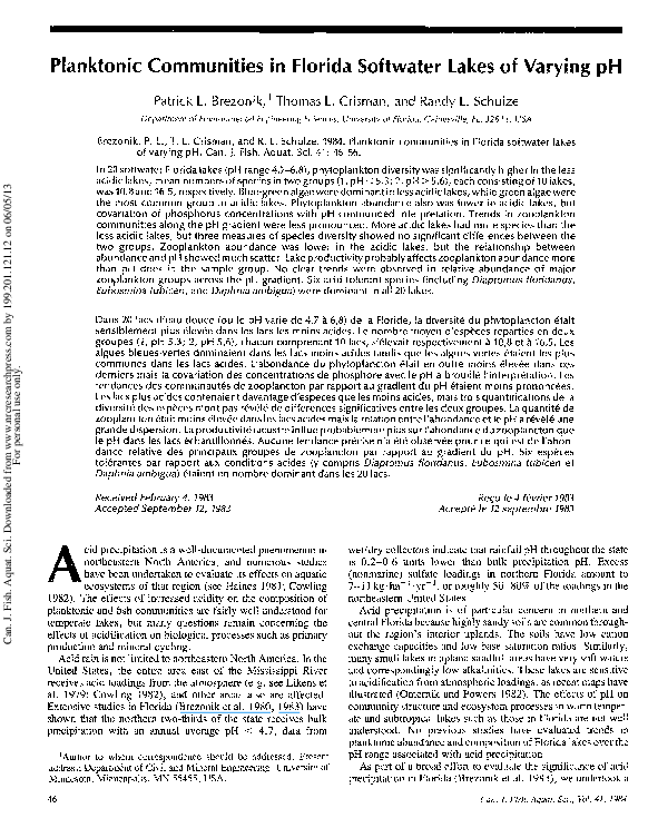 (PDF) Planktonic Communities in Florida Softwater Lakes of Varying pH ...