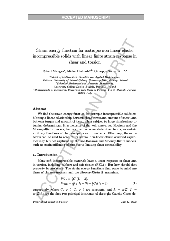 (PDF) Strain energy function for isotropic non-linear elastic incompressible solids with linear ...