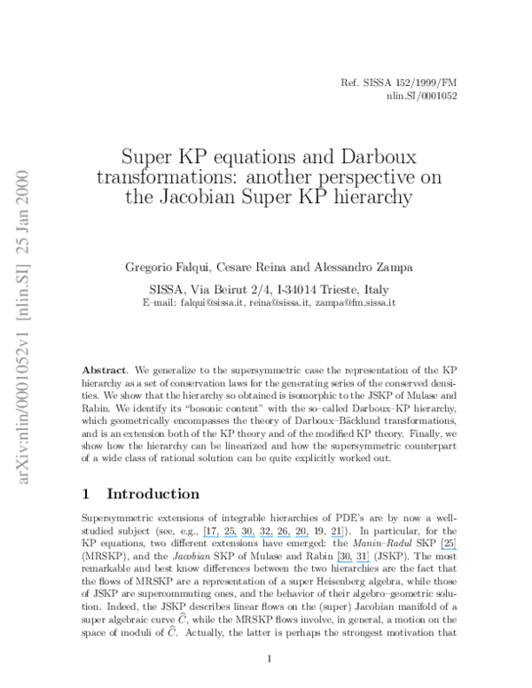 (PDF) Super KP equations and Darboux transformations: another perspective on the Jacobian Super ...