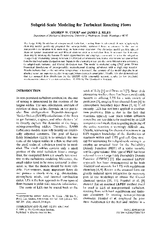 (PDF) Subgrid-scale modeling for turbulent reacting flows