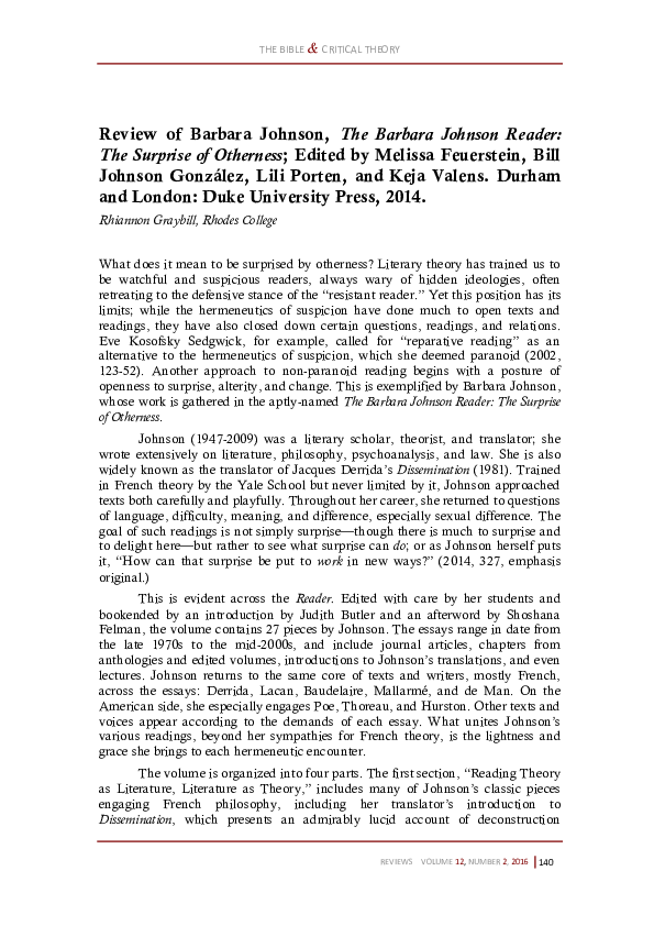 (PDF) review of Barbara Johnson reader, The Surprise of Otherness