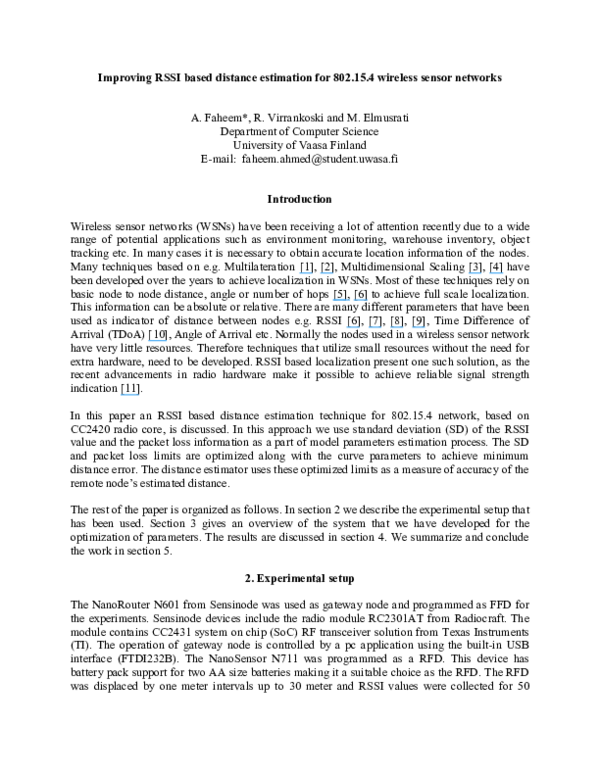 Pdf Optimizing Rssi Distance Estimation In 802 15 4