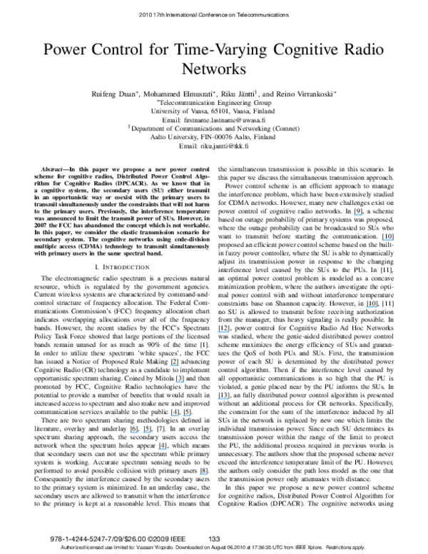 (PDF) Power control for time-varying cognitive radio networks